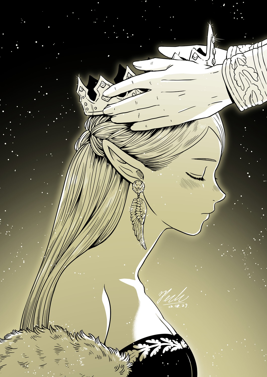 perle arte dungeon meshi marcille donato cleavage elf monochrome pointy ears | #1138773 | yande.re